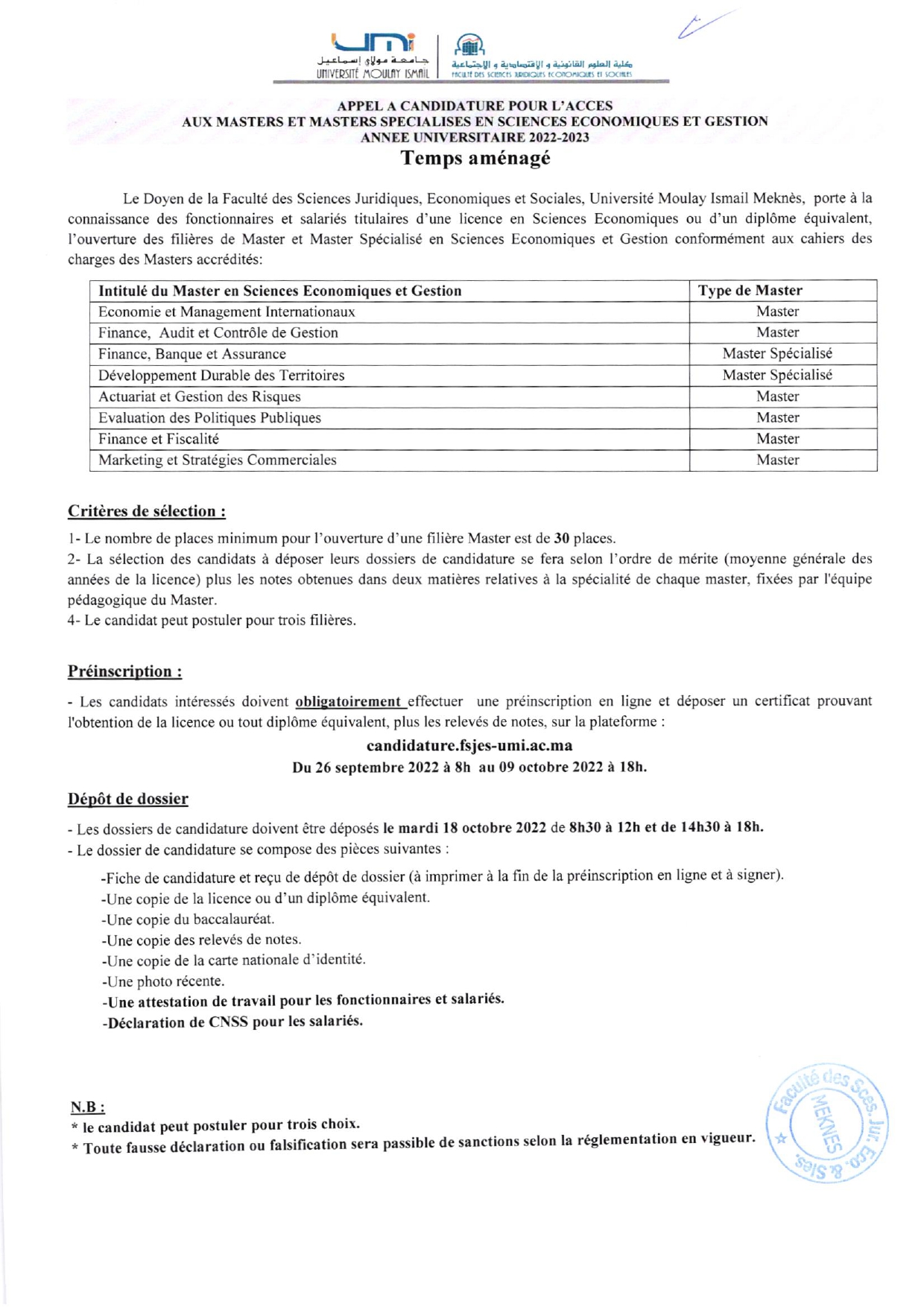 Formation temps aménagé : avis de candidature pour l’inscription aux Masters et Masters ...